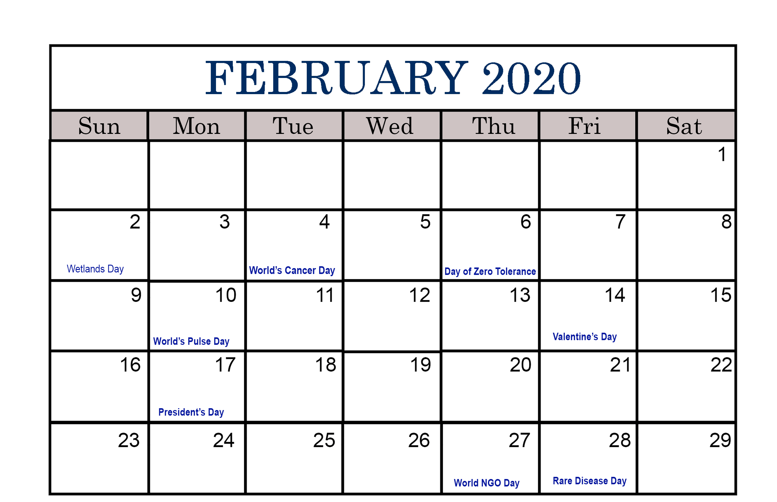 February 2020 Calendar US Holidays Events List Free Printable Calendar